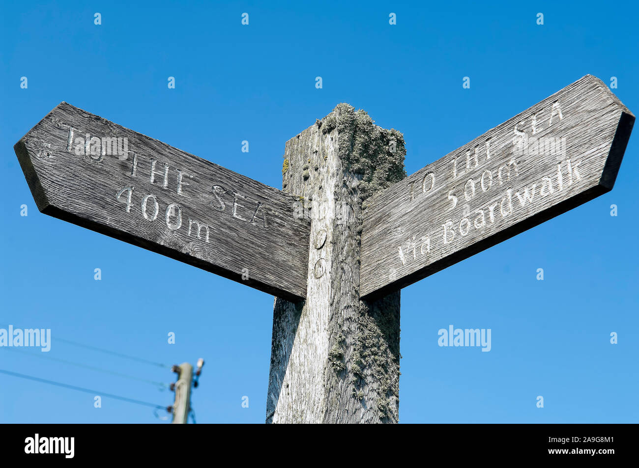 Old wooden sign telling passersby where the sea is Stock Photo - Alamy