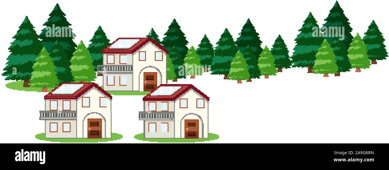 Three houses and pine trees on white background illustration Stock ...