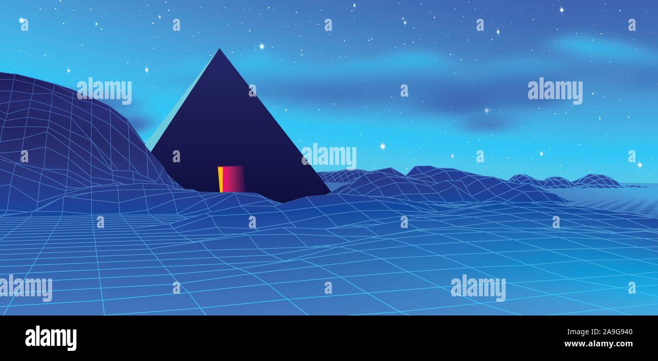 Ancient mysterious pyramid in 80s styled neon landscape with blue sky ...