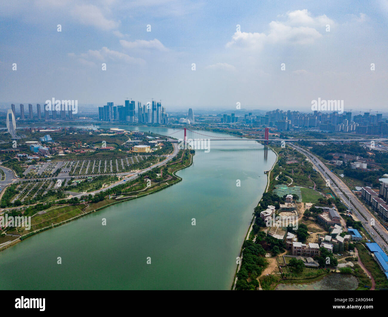Aerial photos of high-rise buildings and parks along the river Stock ...