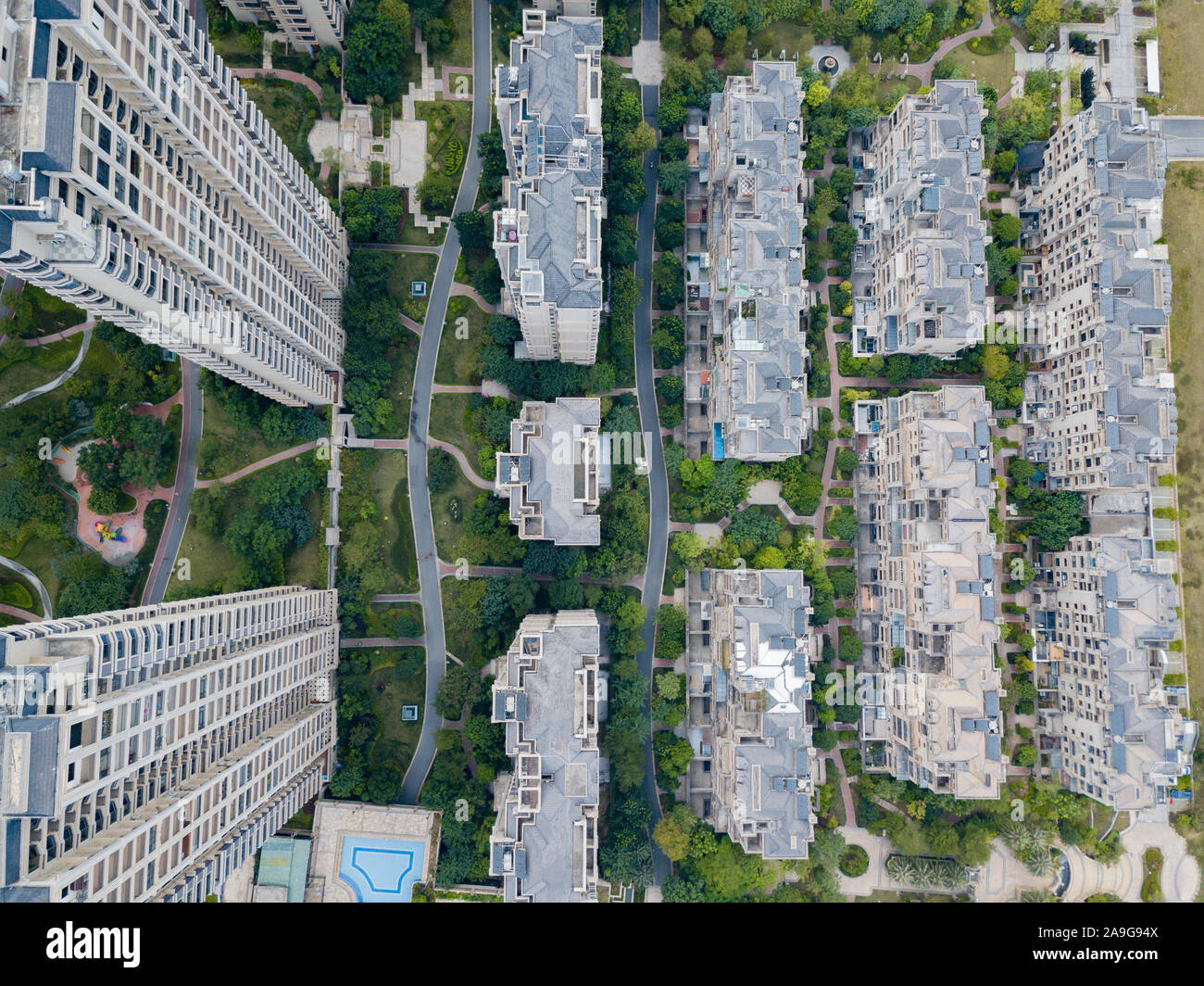 Vertical aerial photography of high buildings in urban real estate ...