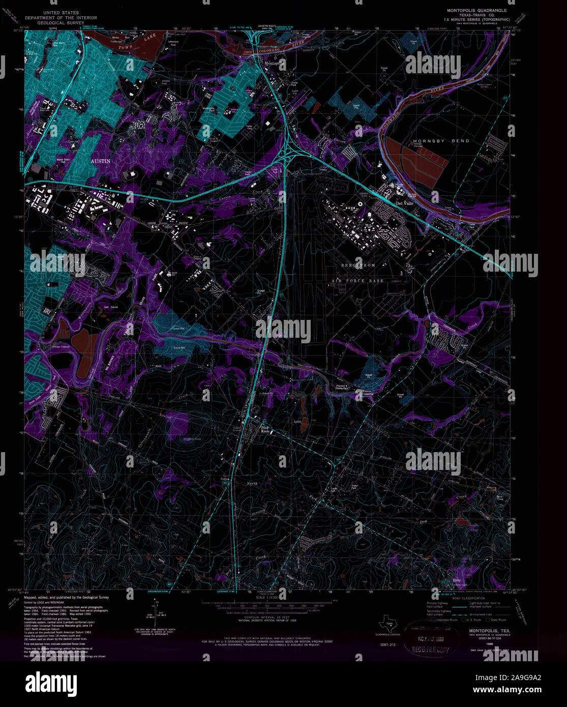 USGS TOPO Map Texas TX Montopolis 118210 1988 24000 Inverted ...