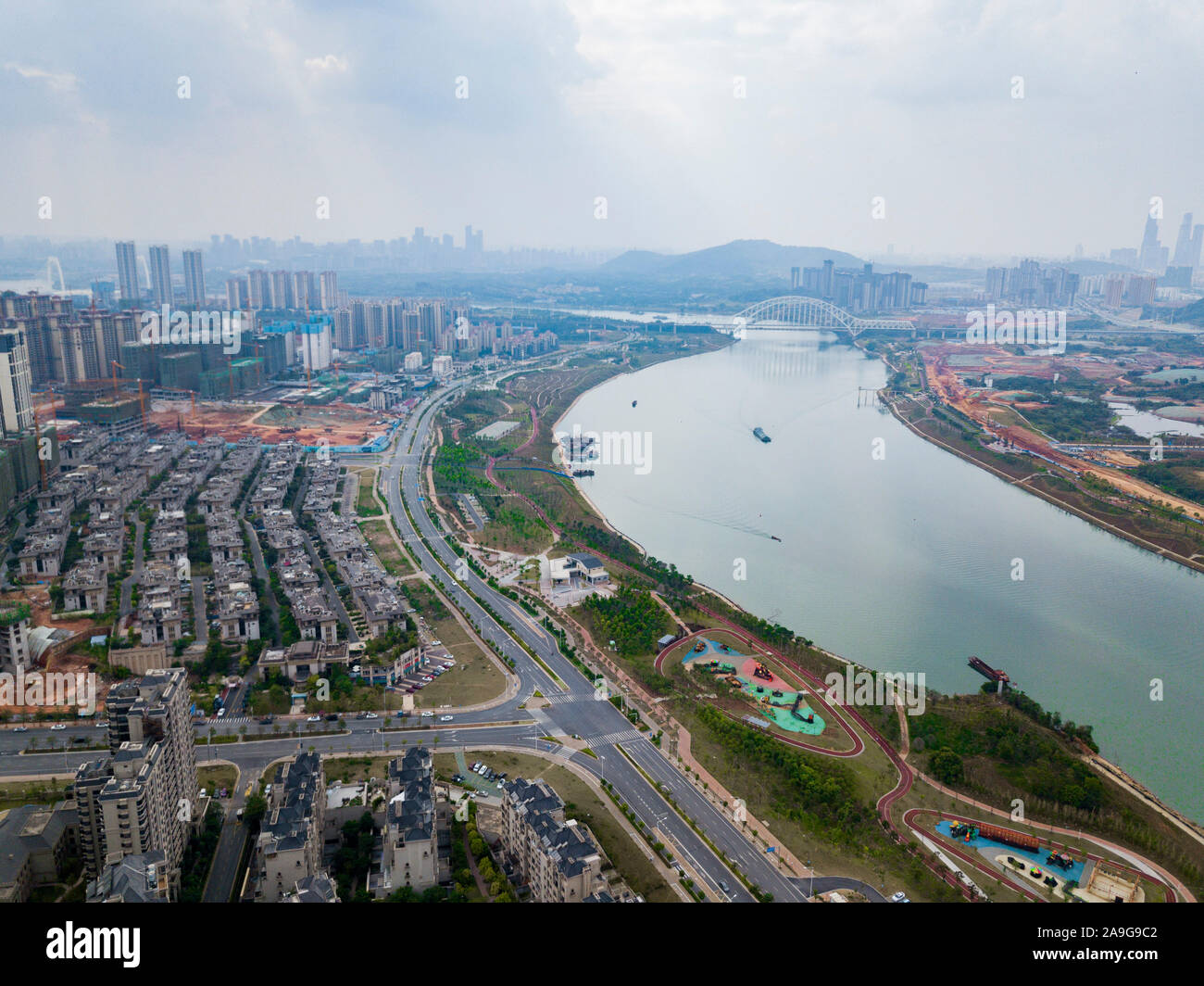 Aerial photos of high-rise buildings and parks along the river Stock ...