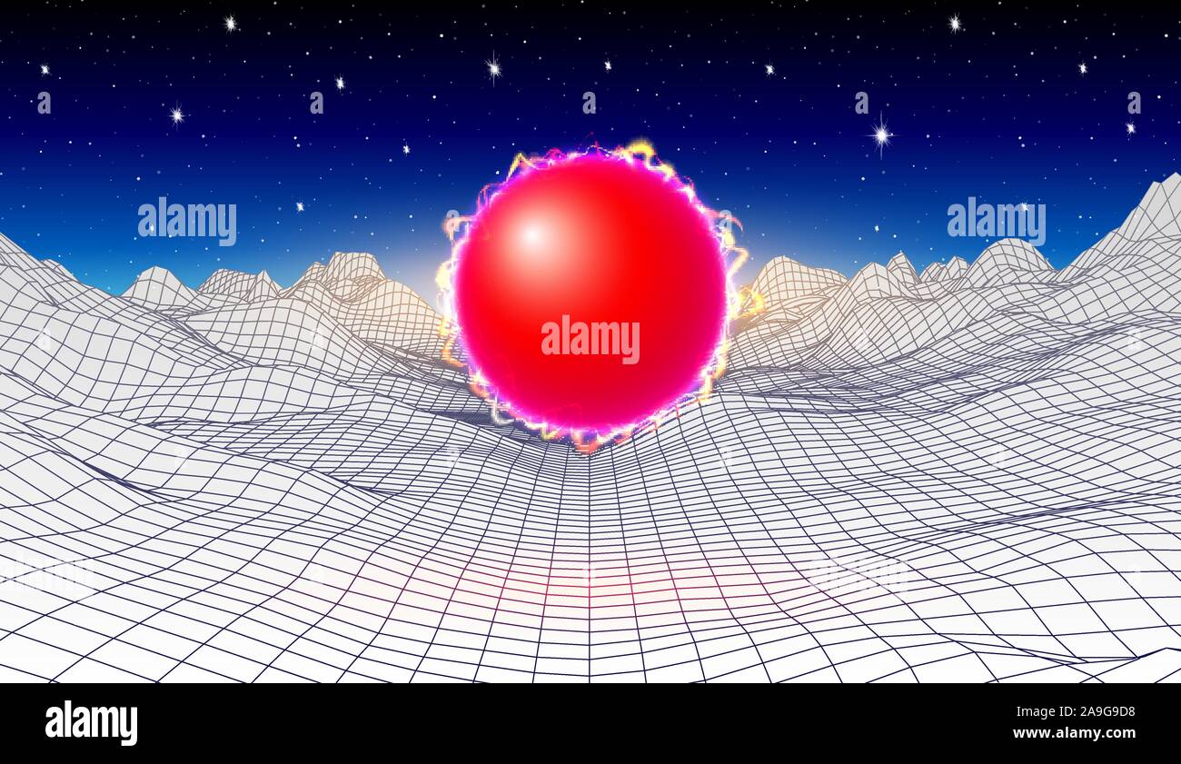 80s synthwave styled landscape with red power or plasma ball and grid ...