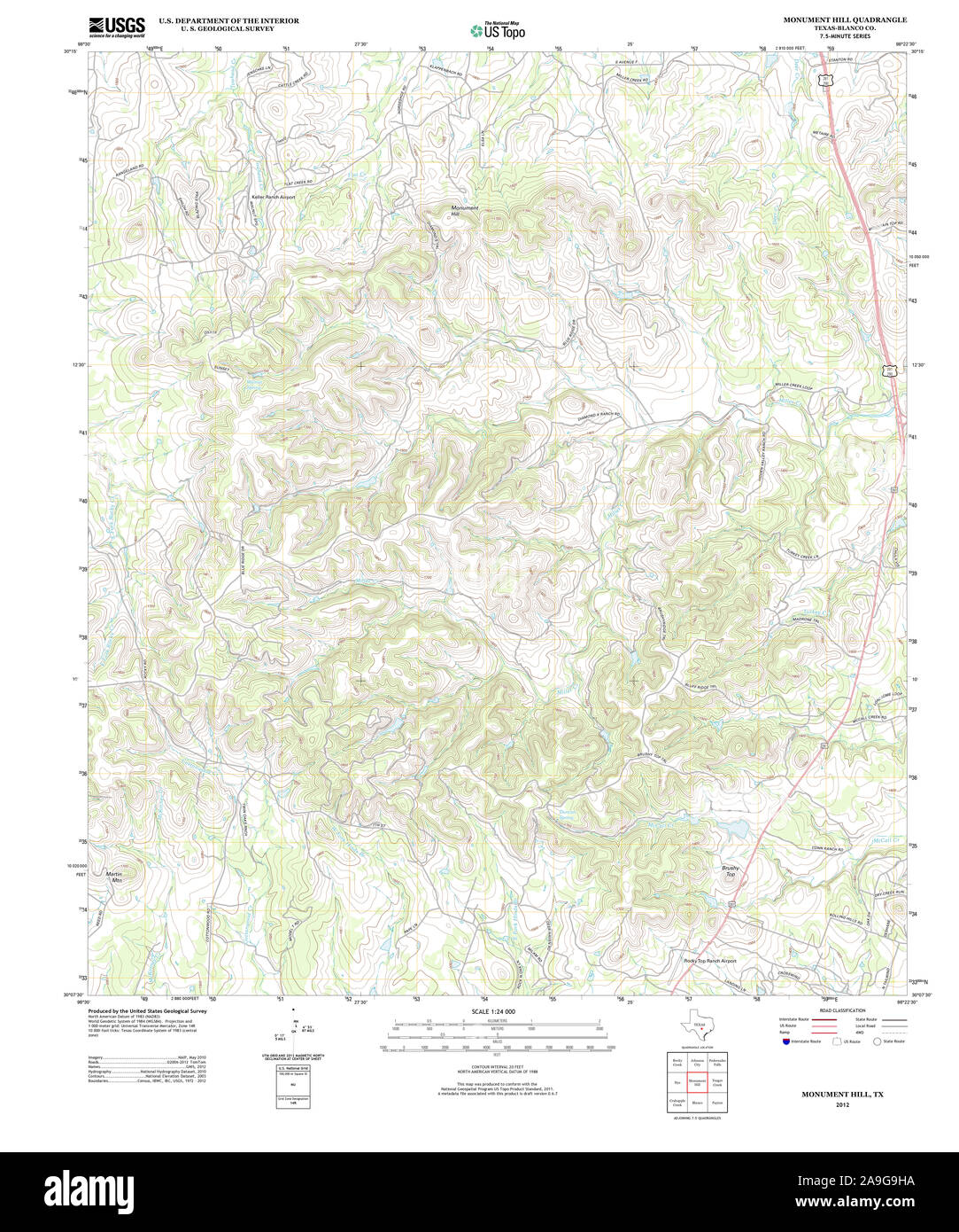 USGS TOPO Map Texas TX Monument Hill 20121204 TM Restoration Stock ...