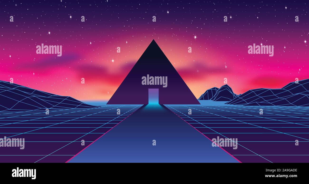 Ancient mysterious pyramid in 80s styled neon landscape with purple sky ...