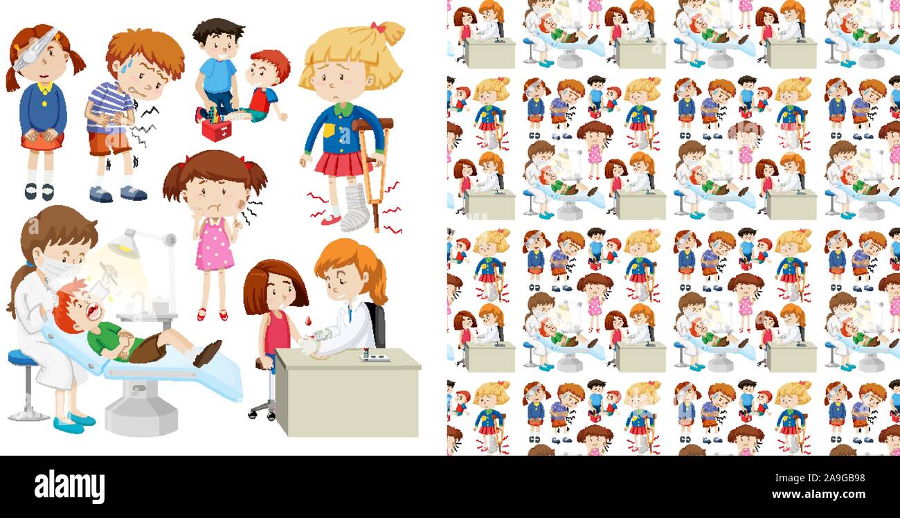 Seamless background design with kids in hospital illustration Stock ...