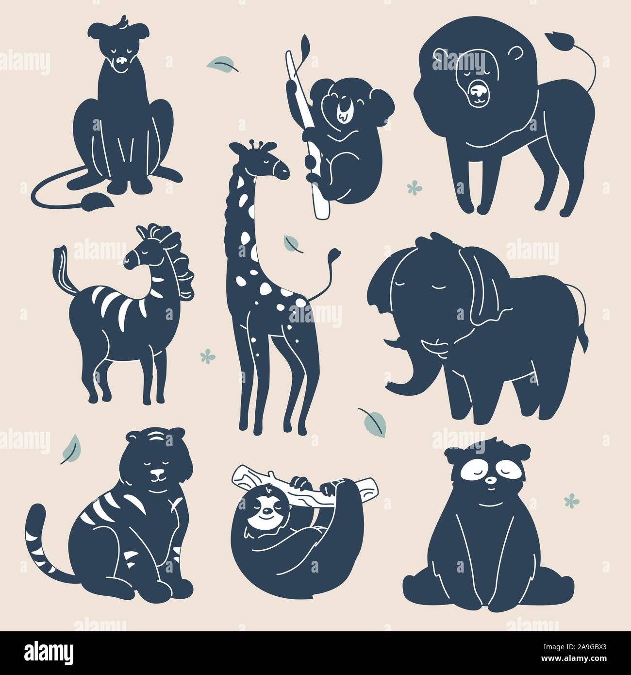 Exotic animals silhouettes - set of flat design style characters Stock ...
