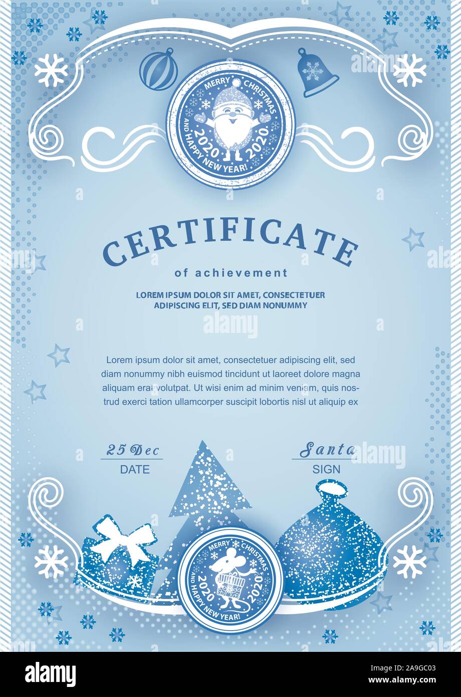 Christmas blue certificate with Santa Claus and Snowman. Winter frozen ...