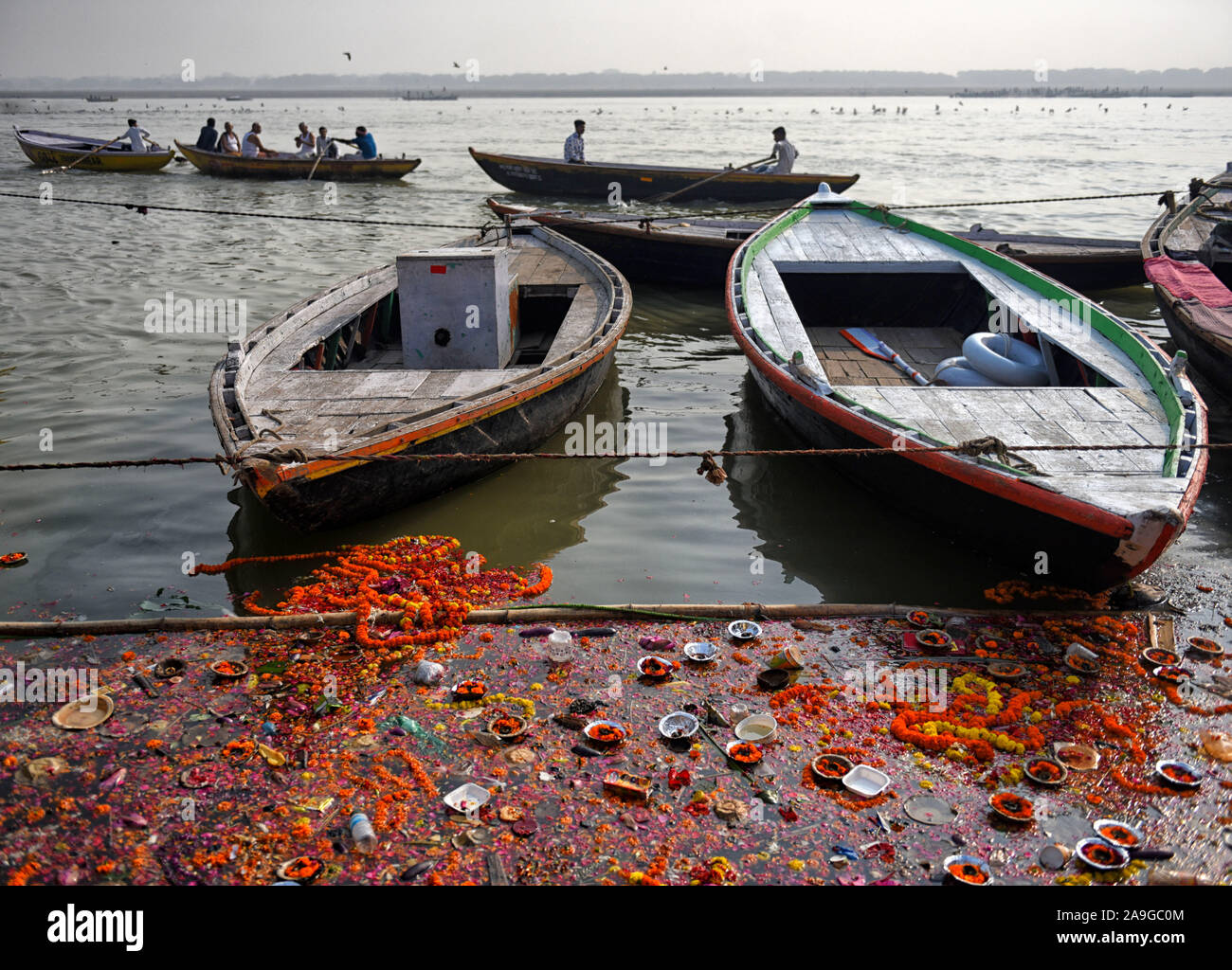 Varanasi, India. 13th Nov, 2019. Garbage floats on the shores of Ganga ...