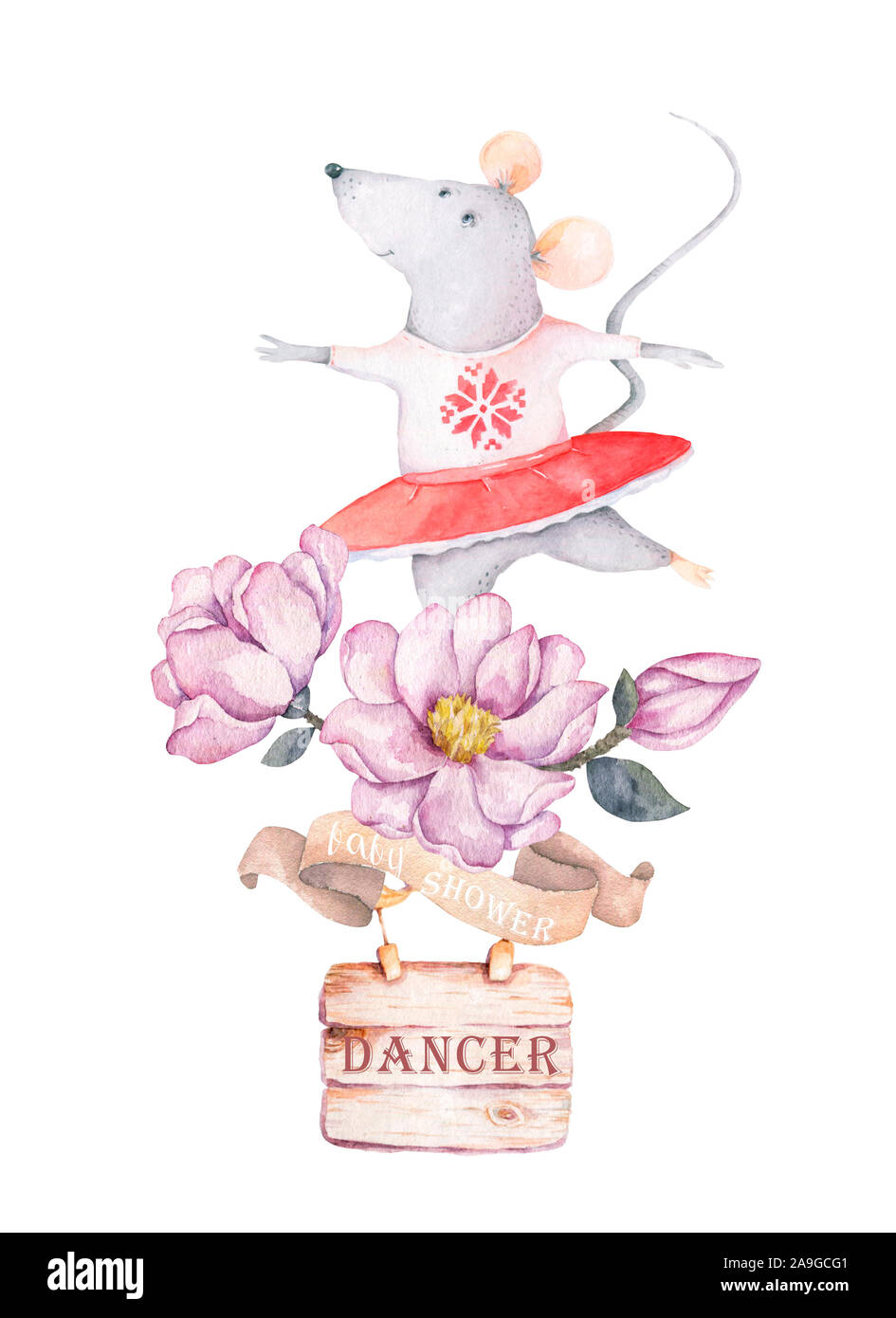 Cute cartoon christmas rat mouse christmas card. Watercolor hand drawn ...