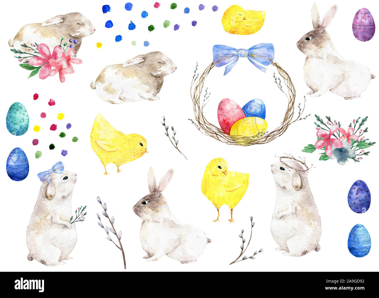 Watercolor Cute Bunny, rabbits with Easter eggs on wooden background ...