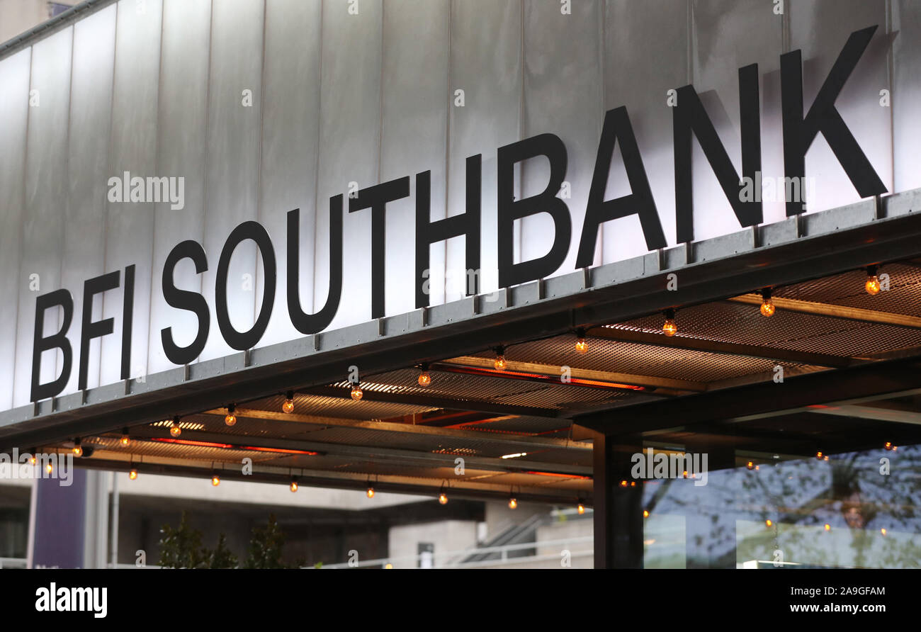 Close up general view of The British Film Institute (BFI) sign above ...