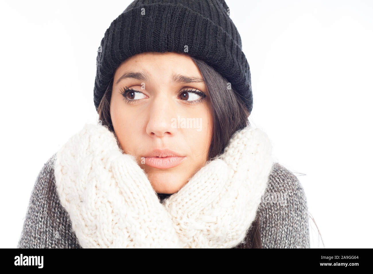 Pretty Brunette Woman With A Woolen Hat A Sweater And Gloves That Has