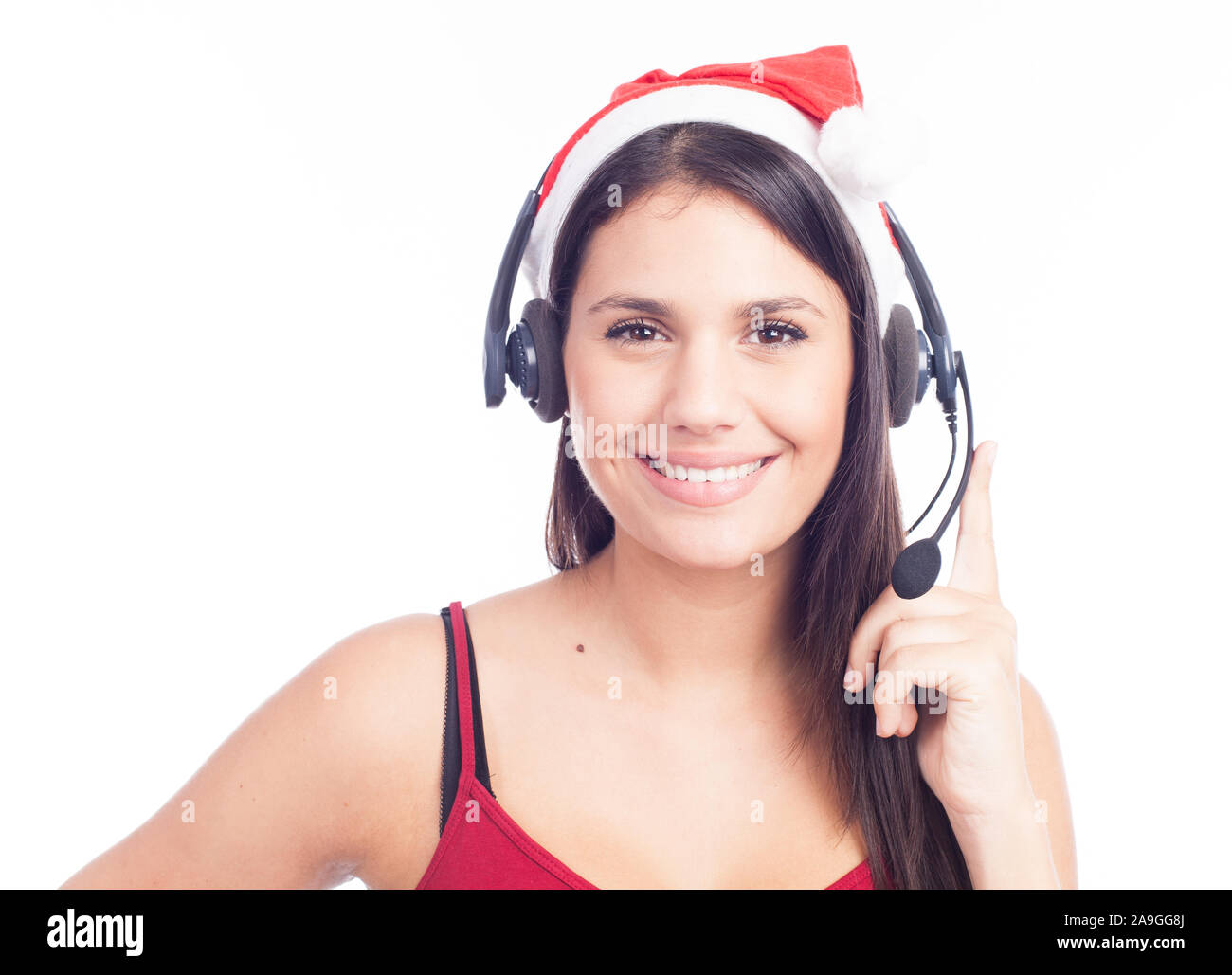 Christmas headset woman from telemarketing call center wearing red ...