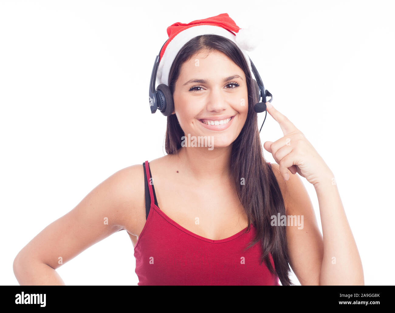 Christmas headset woman from telemarketing call center wearing red ...