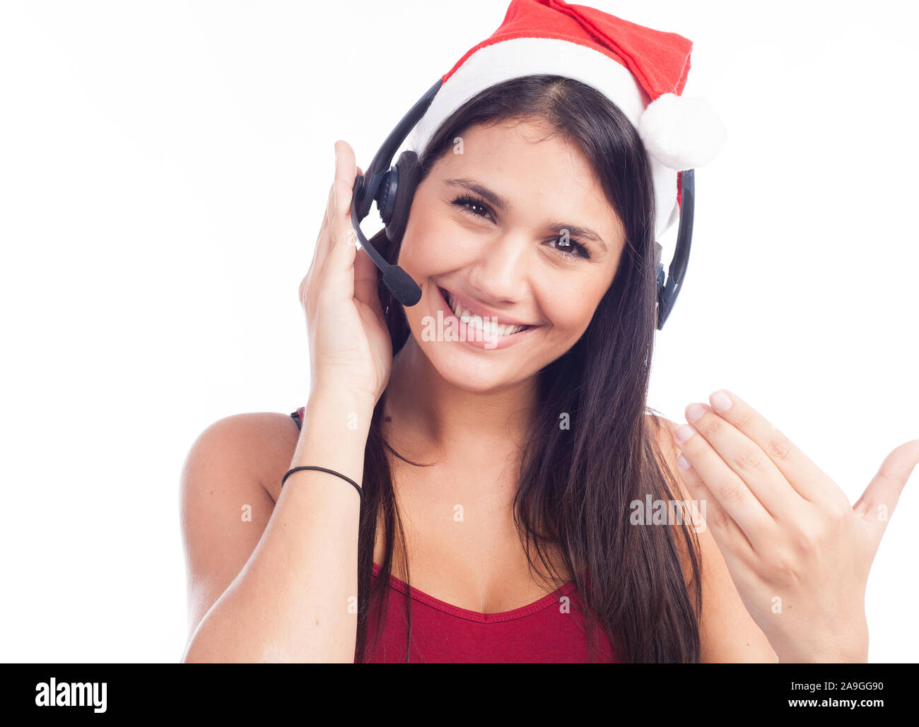 Christmas headset woman from telemarketing call center wearing red ...
