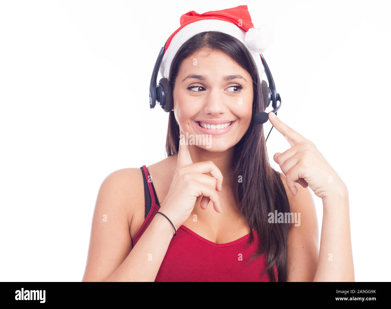 Christmas headset woman from telemarketing call center wearing red ...
