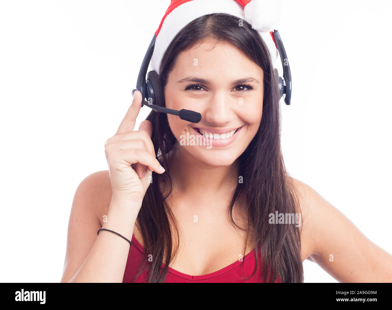 Christmas headset woman from telemarketing call center wearing red ...