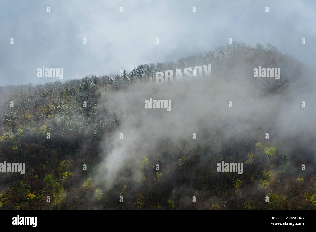 Brasov Sign on Mount Tampa in Brasov Transylvania Romania. Low Cloud in ...