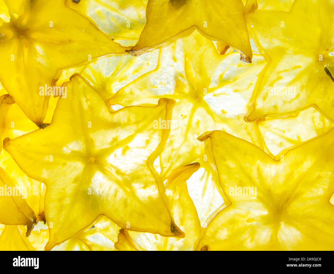 back lit yellow ripe slices of star fruit carambola Stock Photo - Alamy