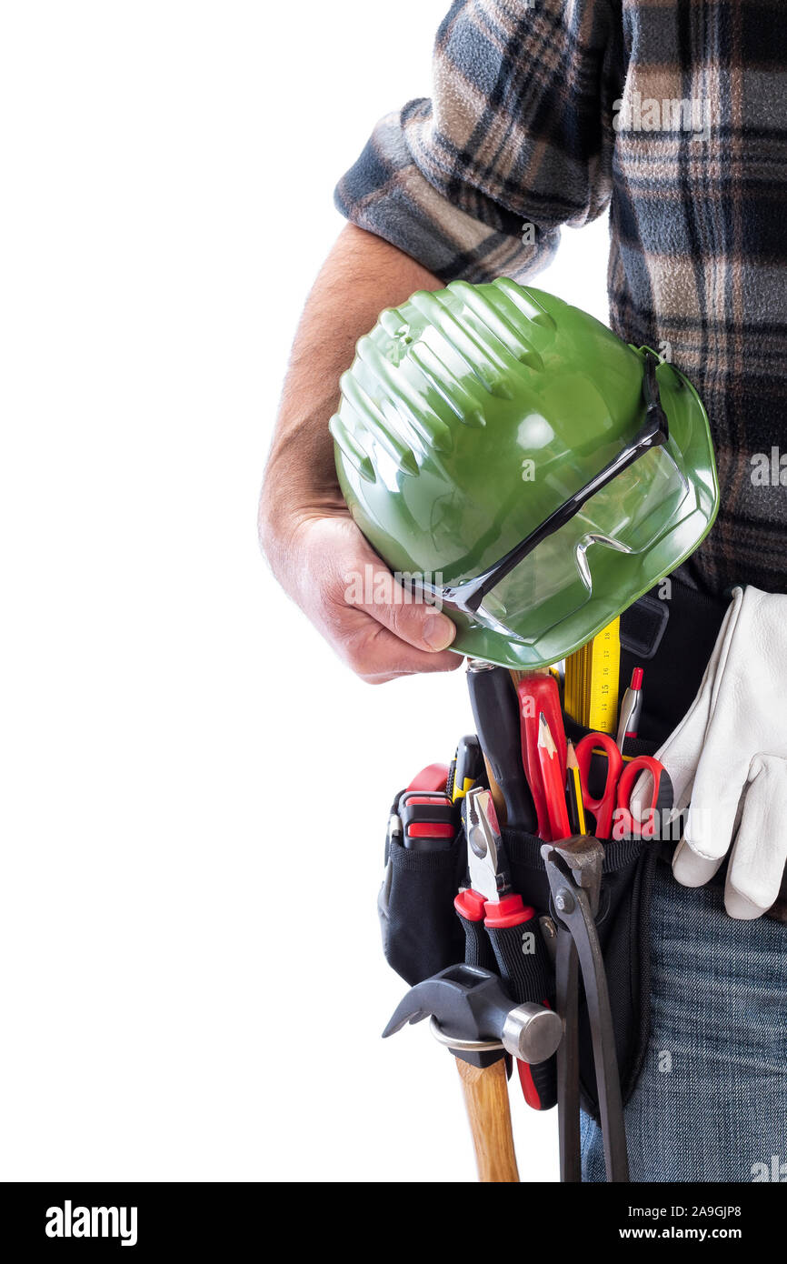 Carpenter isolated on a white background, he is holding his helmet and ...