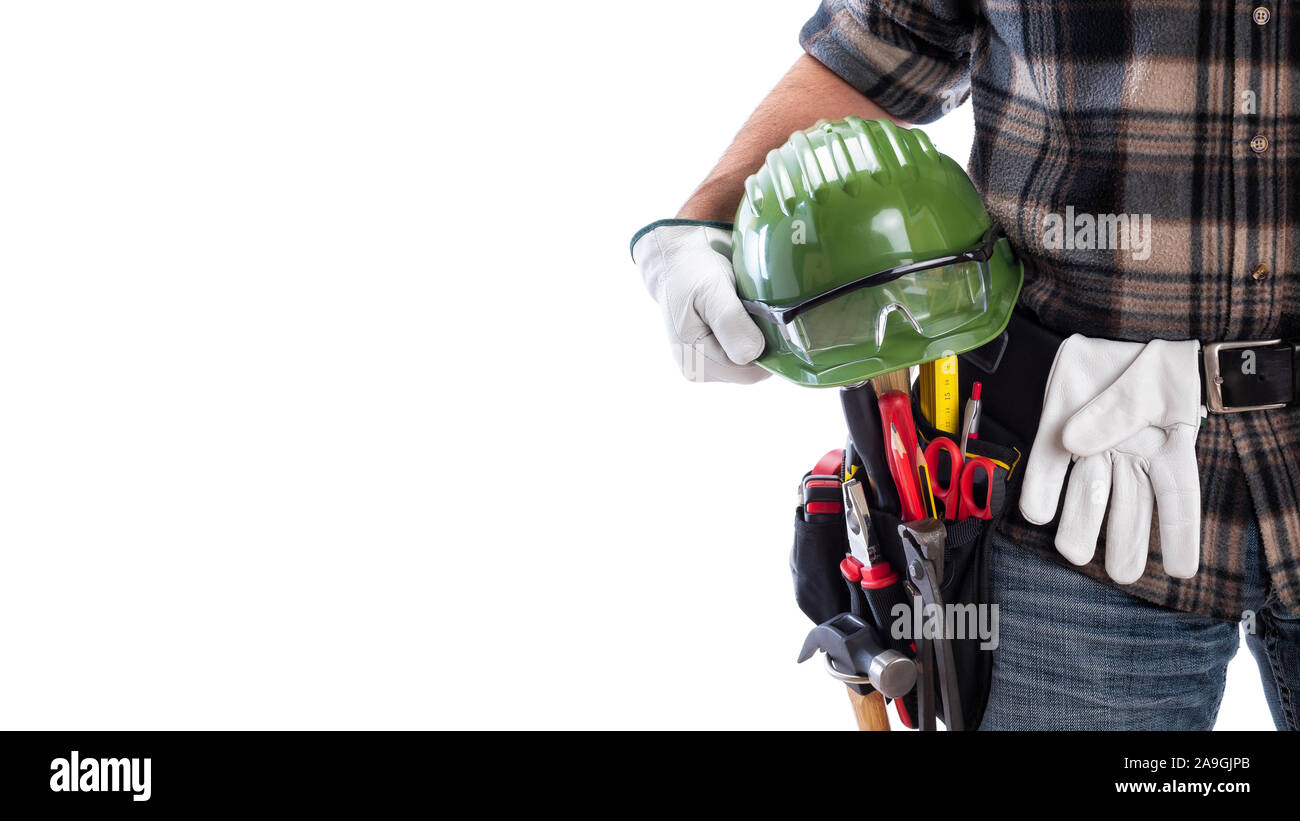 Carpenter isolated on a white background; he wears leather work gloves ...