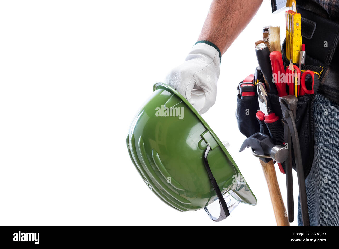 Carpenter isolated on a white background; he wears leather work gloves ...
