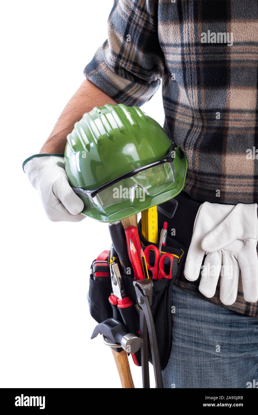 Carpenter isolated on a white background; he wears leather work gloves ...