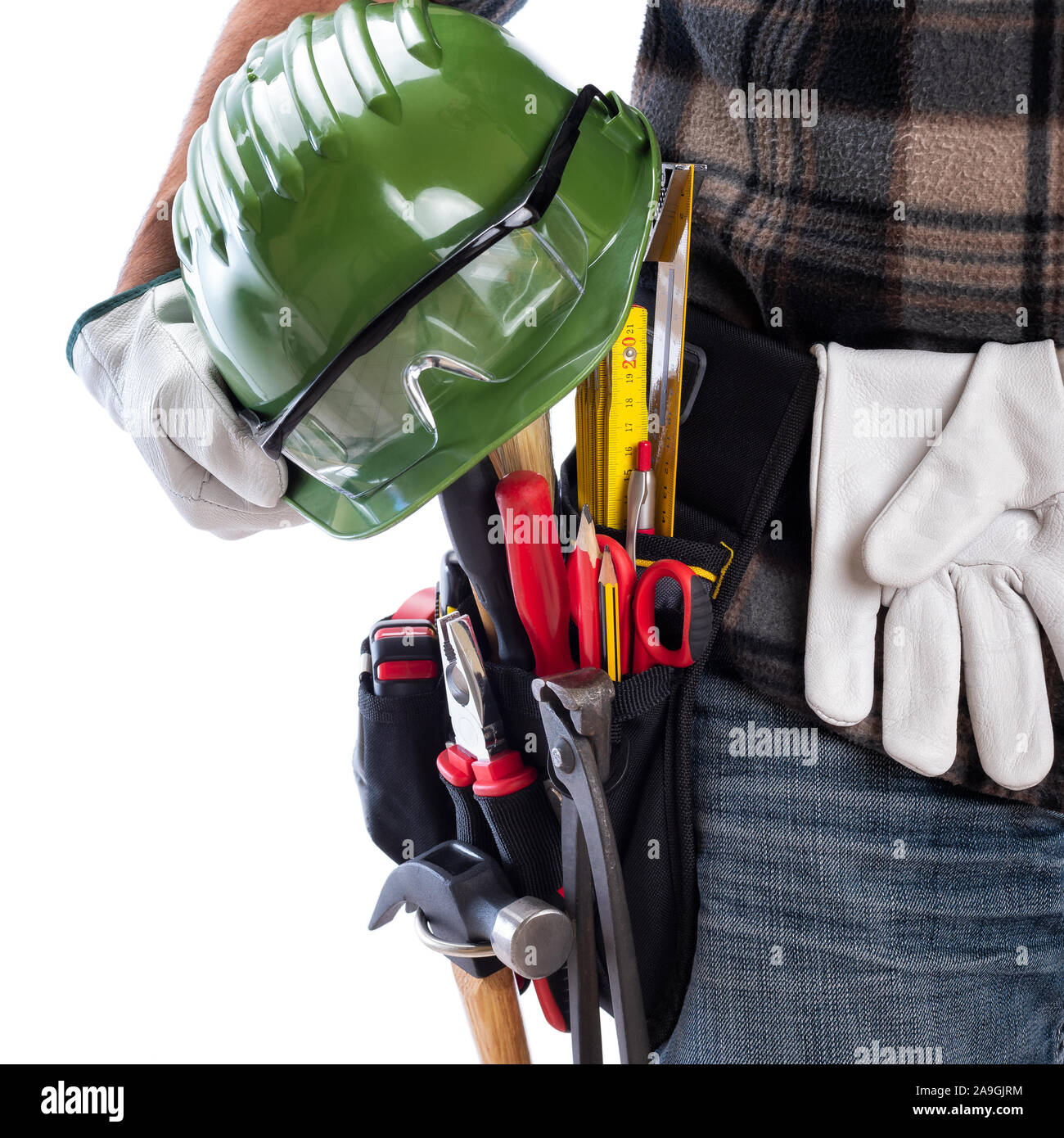 Carpenter isolated on a white background; he wears leather work gloves ...
