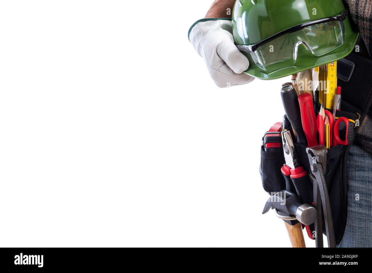 Carpenter isolated on a white background; he wears leather work gloves ...
