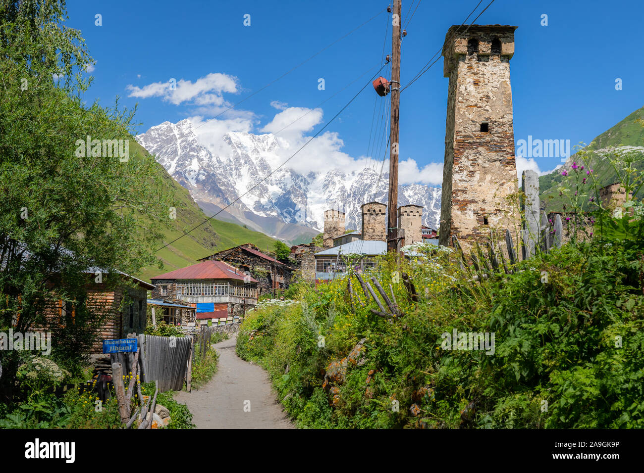 Ushguli, Georgia - July 30, 2019; village of Ushguli streetview with ...