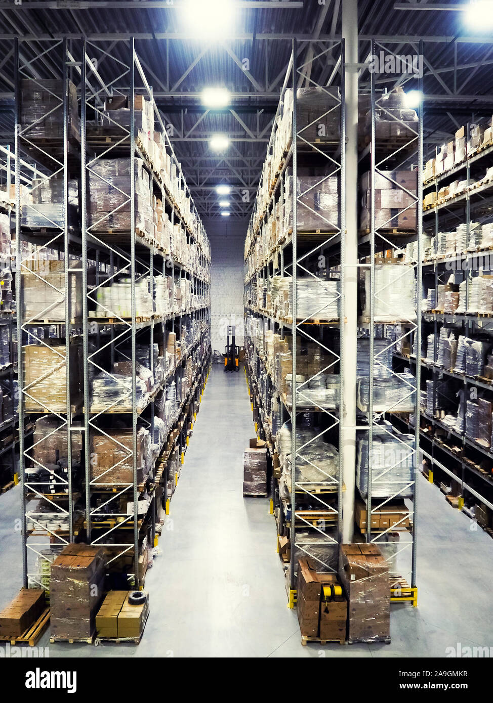 Boxes of goods in stock, are on the shelves. Concept of goods delivery ...