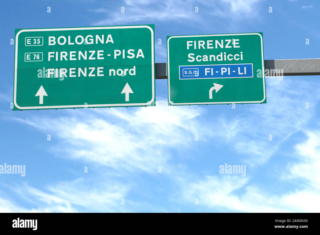 road signs of the Italian highway with the localities of Florence ...