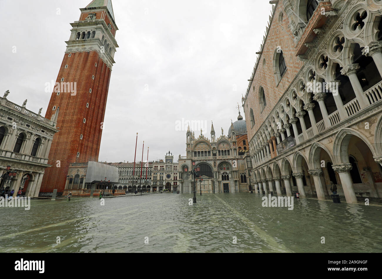 Wide view of Venice in Italy during the high tide in Winter with bell ...