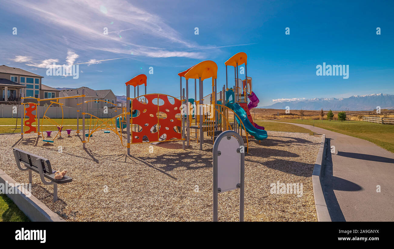 Panorama Corner perspective of a colorful kids playground Stock Photo ...