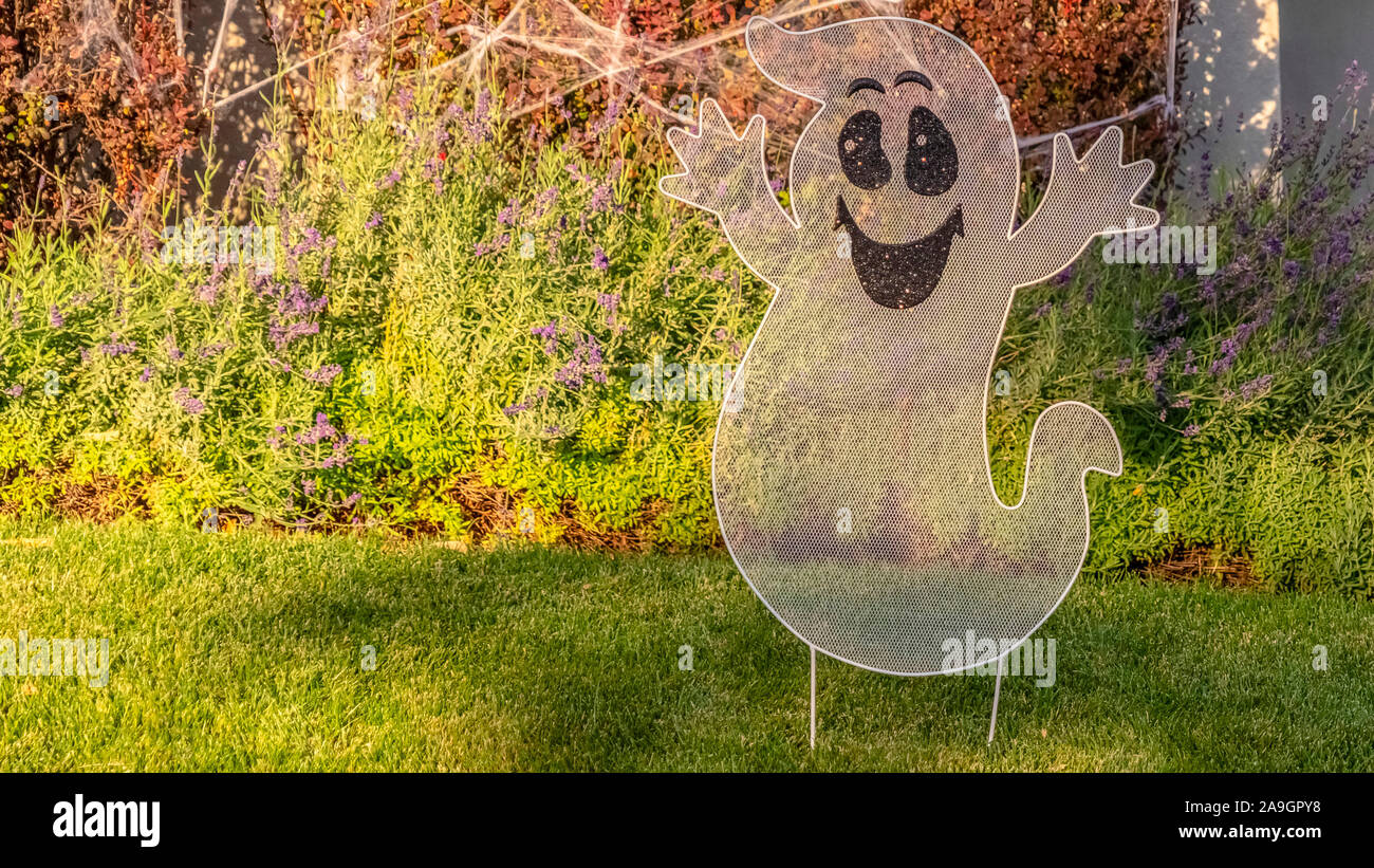 Panorama frame Ghost with cobwebs decoration in a garden Stock Photo ...