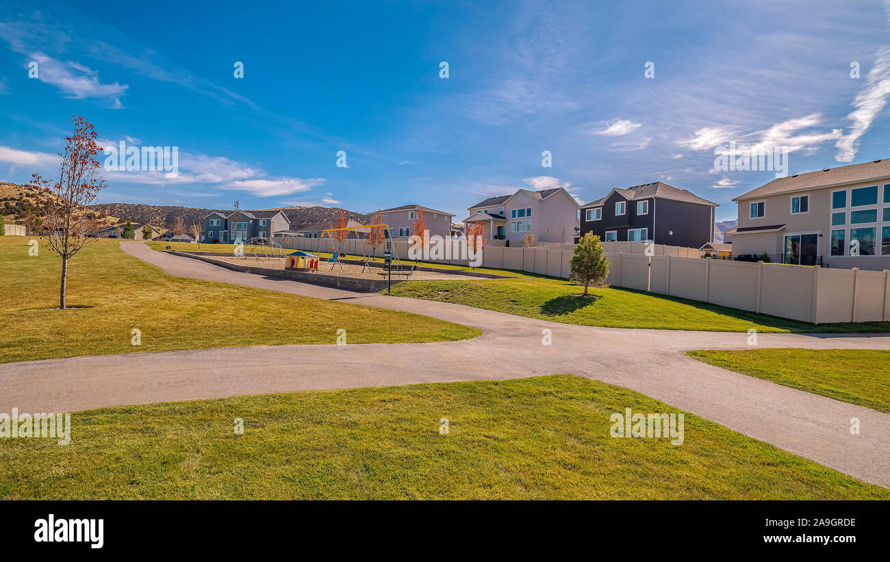 Panorama frame Intersection of two pedestrian walkways during day Stock ...