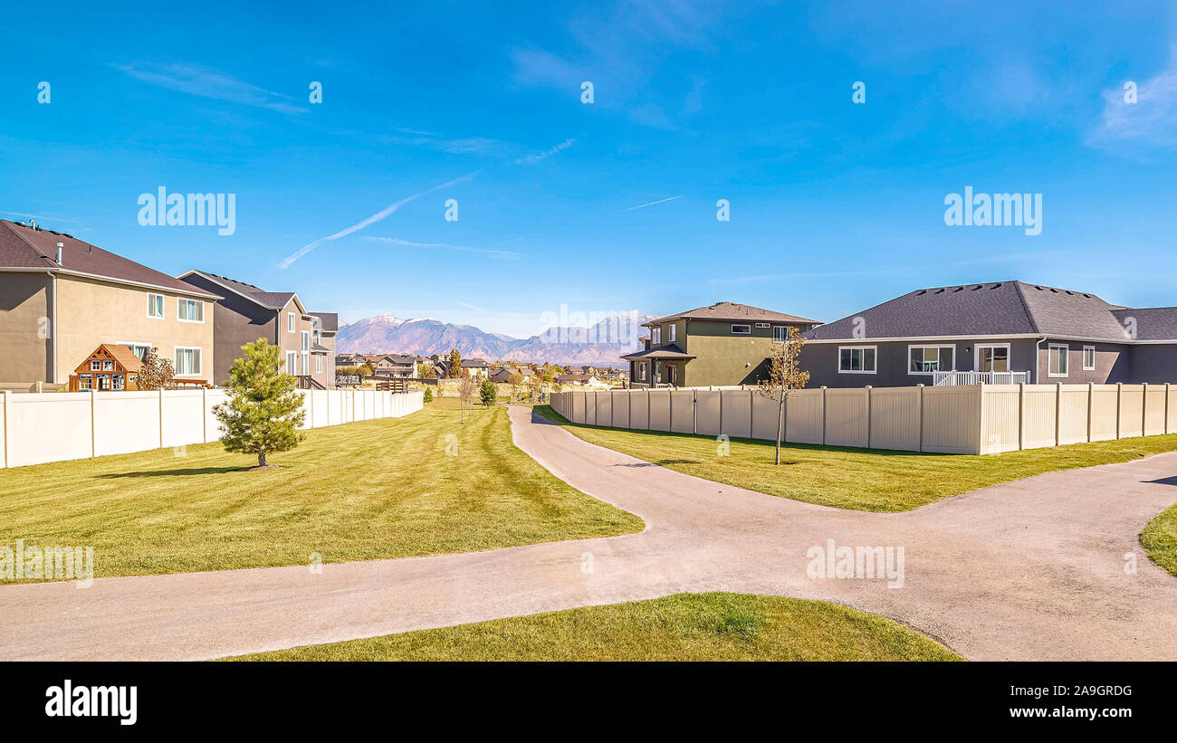 Panorama frame Intersection of two pedestrian footpaths during day ...