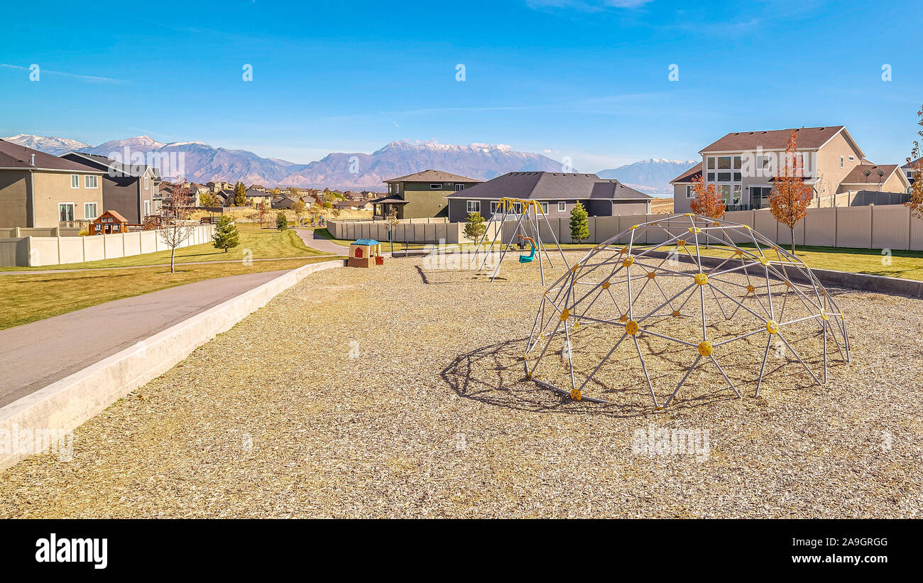 Panorama frame Kids playground with climbing dome in urban park Stock ...