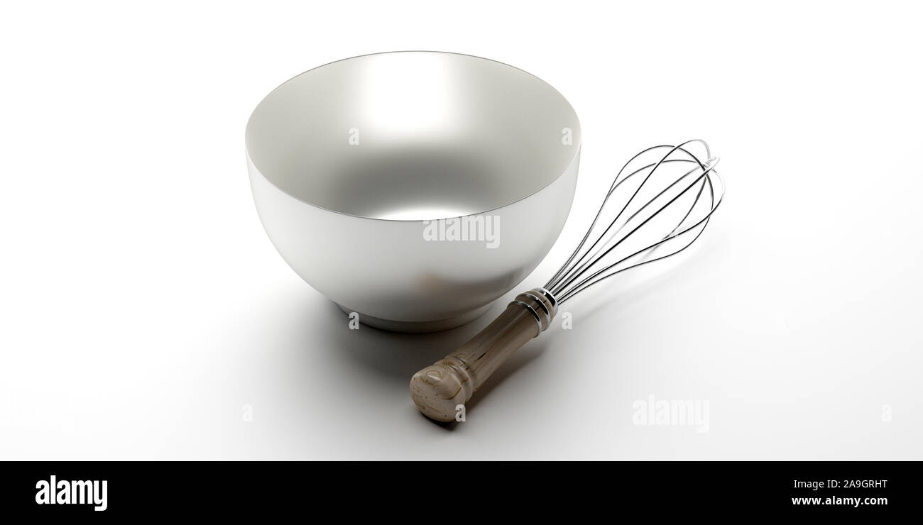 Wire whisk and mixing bowl for blending, beating isolated against white ...