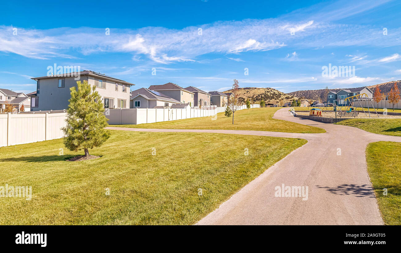Panorama frame Receding straight pedestrian footpath in a park Stock ...