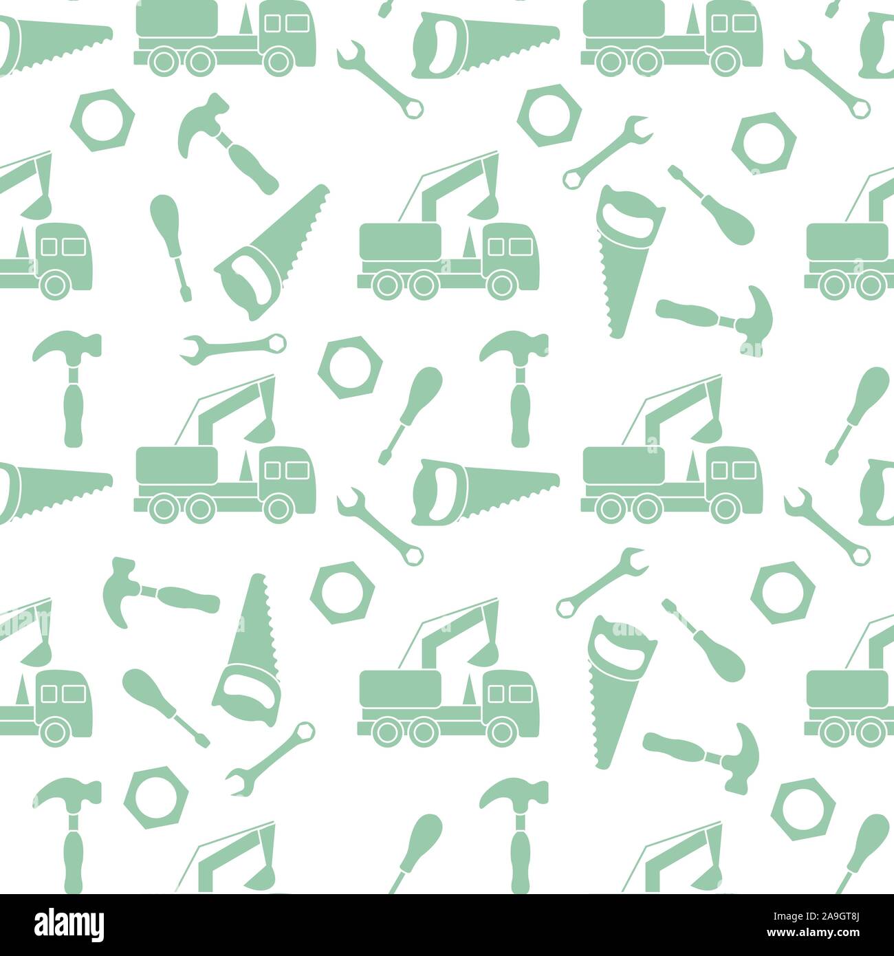 Vector seamless pattern with kid toys. Excavator, toy tools, saw ...