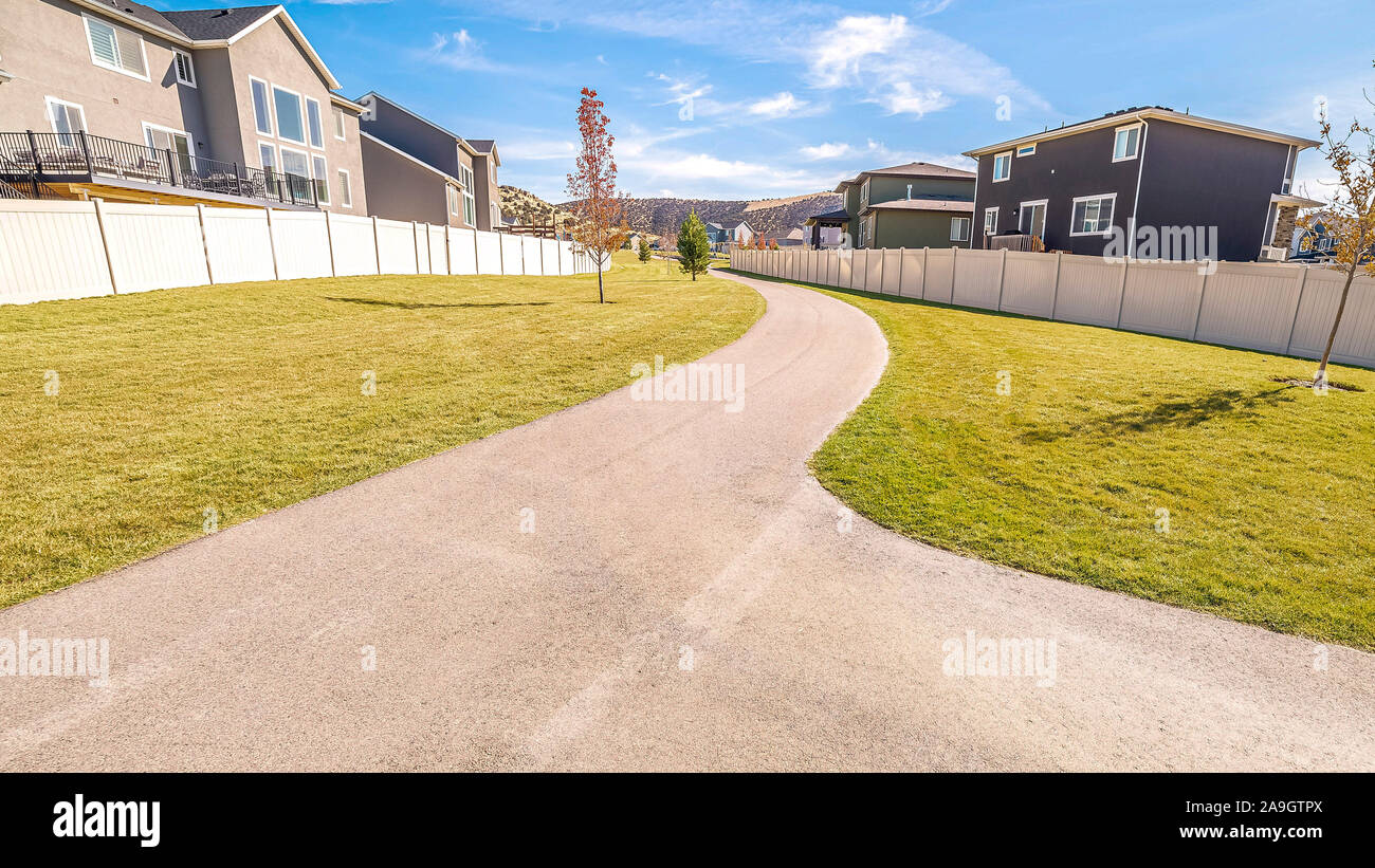 Panorama frame Wide angle view of a fork in a pedestrian walkway Stock ...