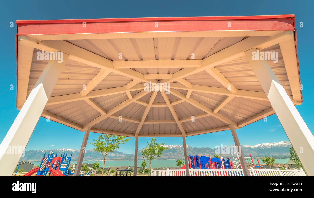 Panorama Octagon shape pavilion and playground with lake and Timpanogos ...