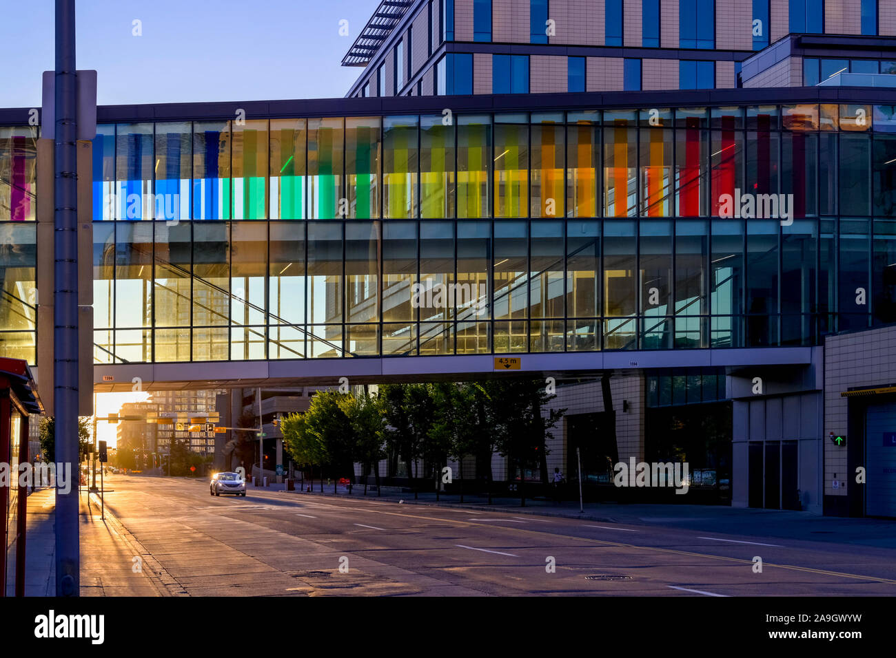 Rainbow adorned overhead walkway, downtown, Calgary, Alberta, Canada ...