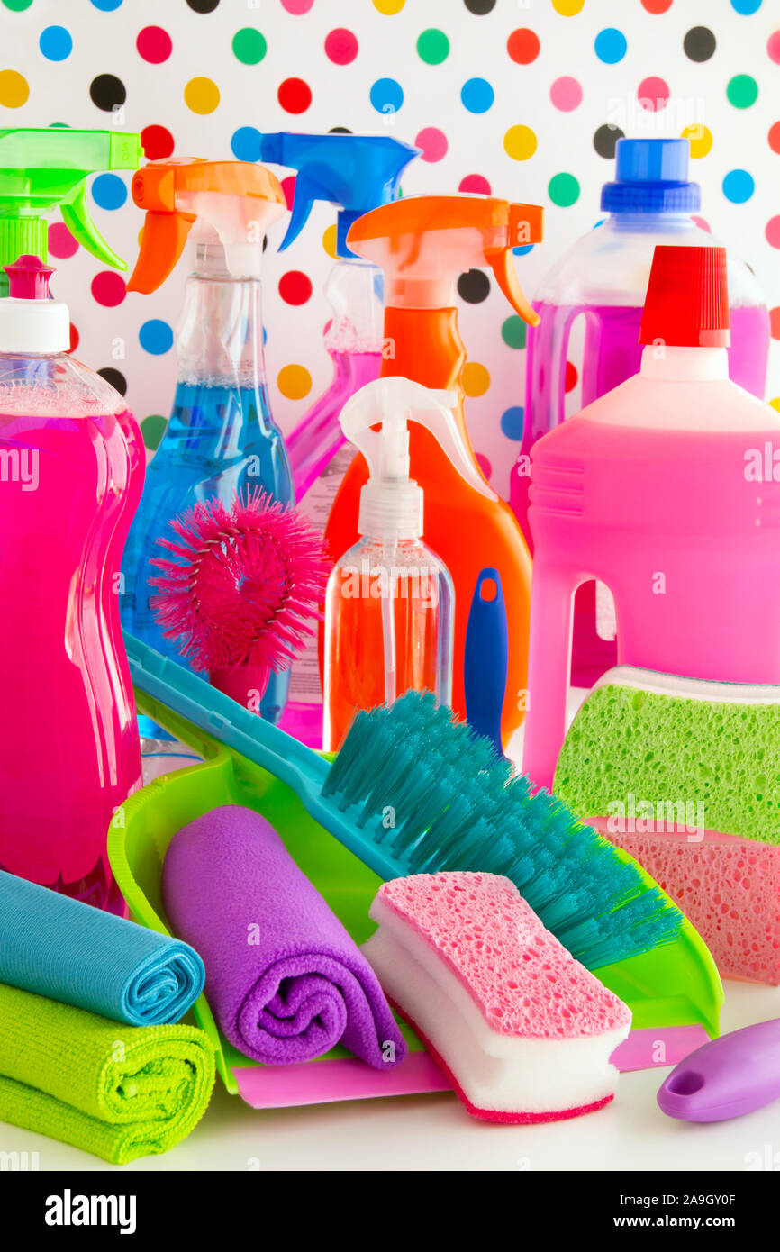 Various cleaning products and household supplies Stock Photo - Alamy