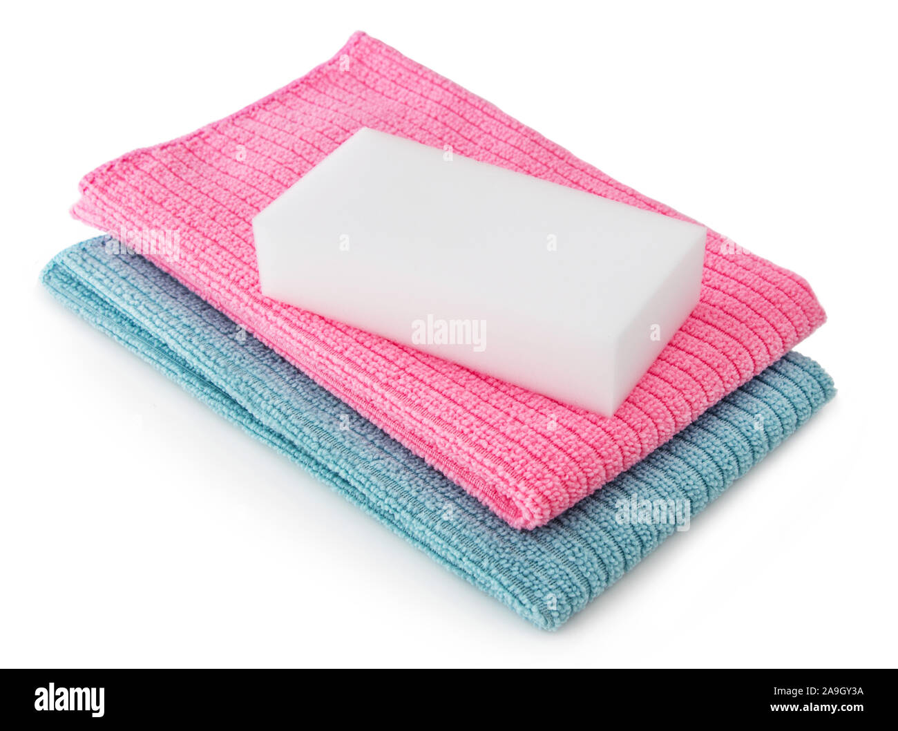 Cleaning products sponge and cloths against white background Stock ...