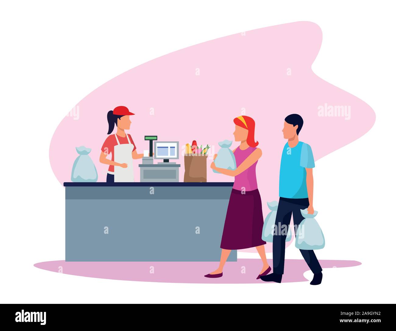 avatar supermarket worker at cash register with costumers with bags ...