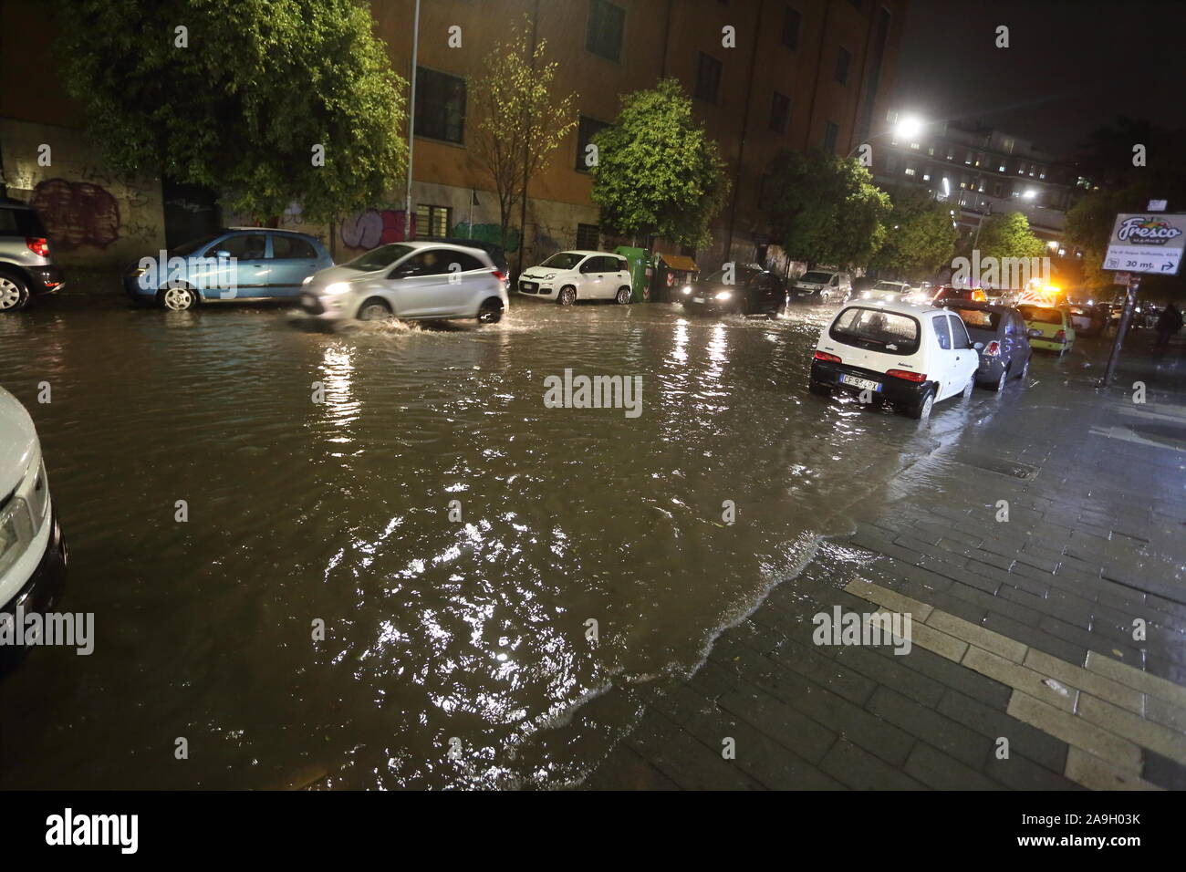 Rome, Italy - November 15, 2019: Rain floods via the Acqua Bullicante ...